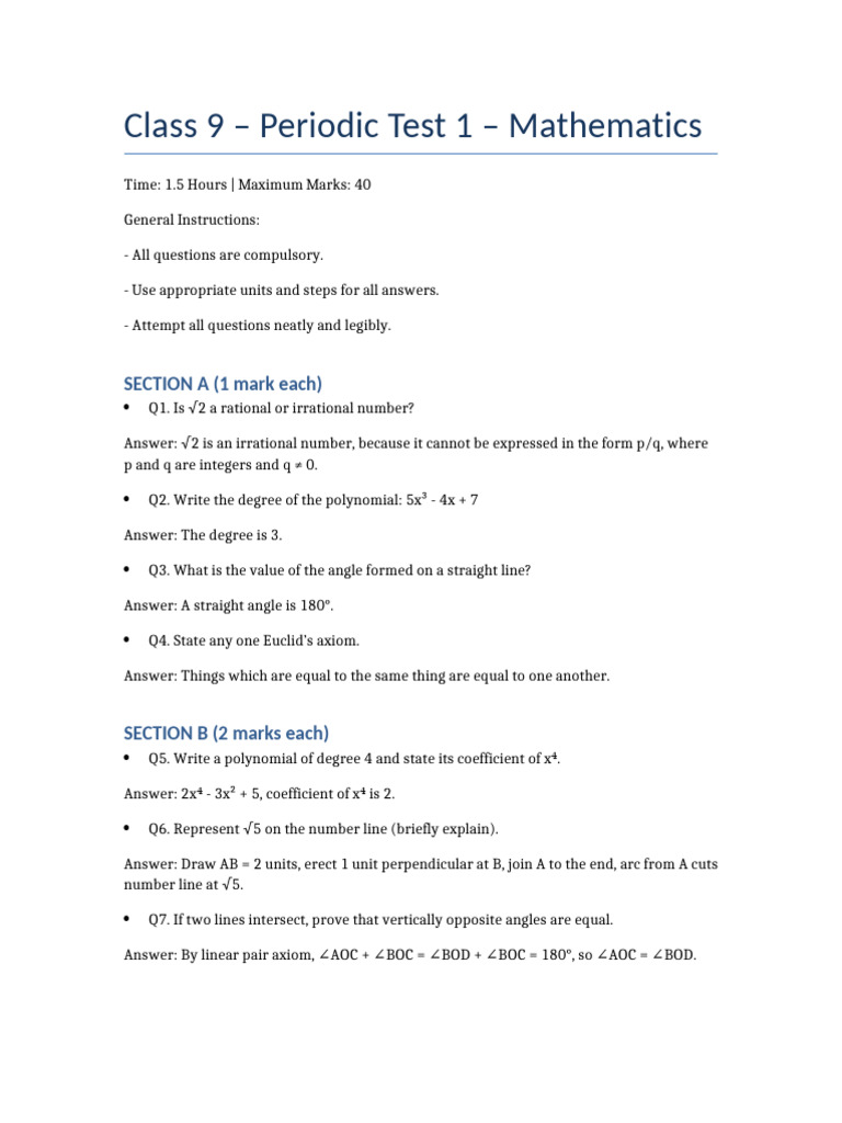 Class9 Math PT1 QuestionPaper | PDF