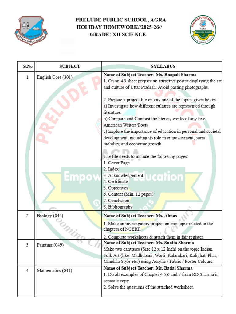 Holiday Homework XII Science 2025-26 | PDF