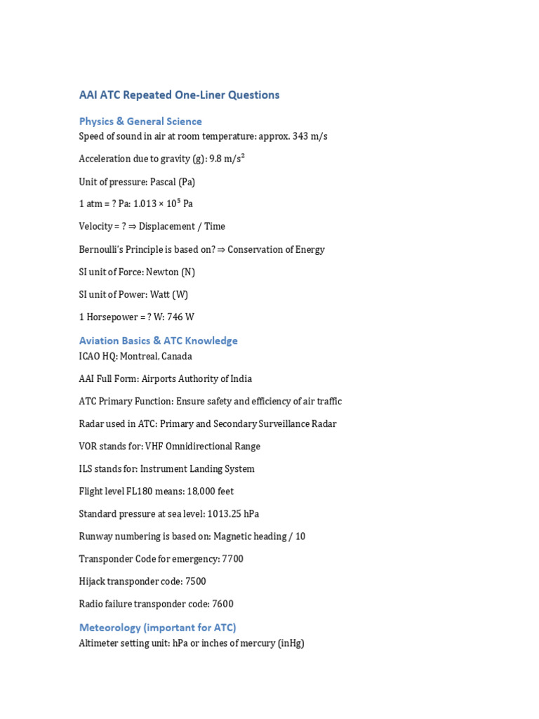 AAI ATC One-Liner Questions Guide | PDF