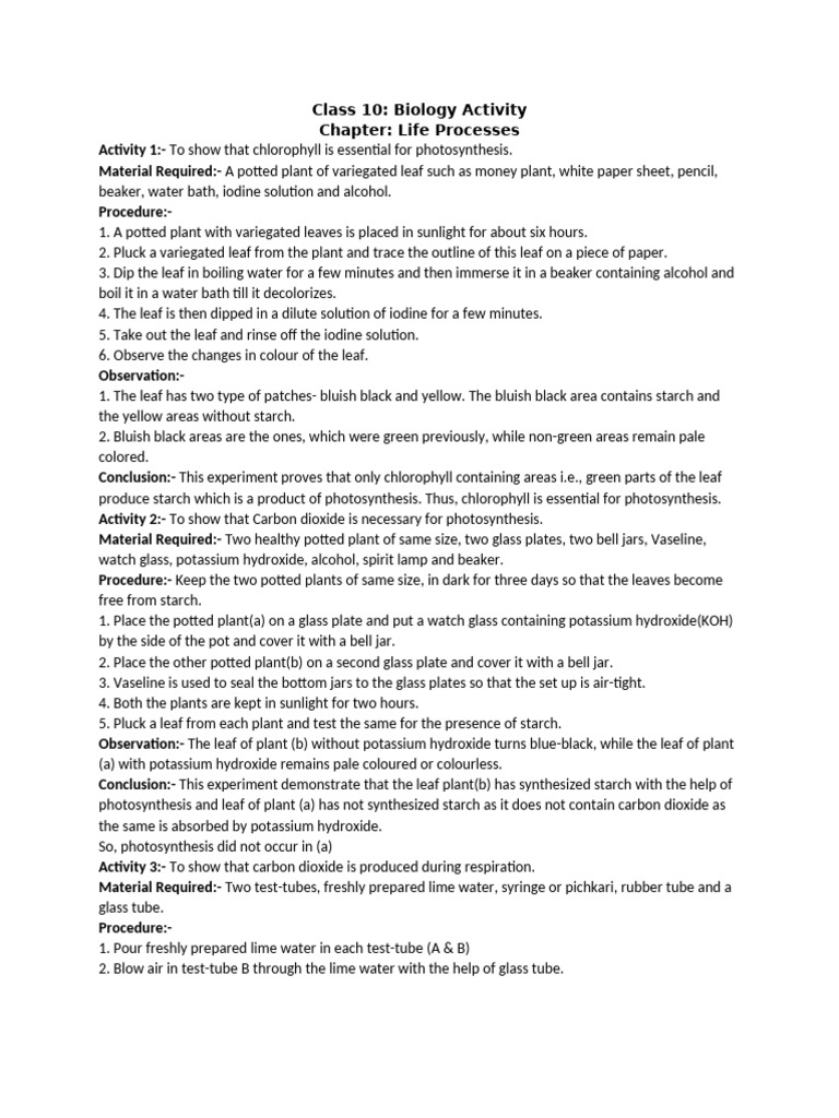 Activity 1:-Material Required: - Procedure:-: Class 10: Biology ...