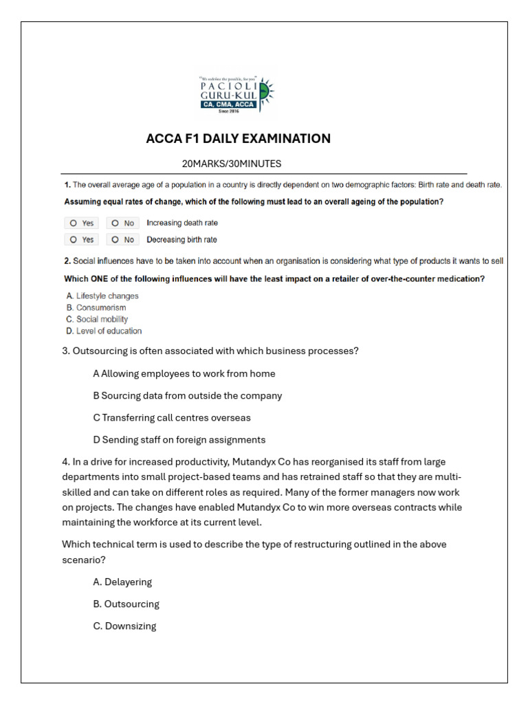 Acca f1 Daily Examination | PDF | Outsourcing | Business
