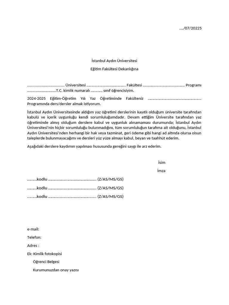 Yaz Okulu Başvuru Ve Beyan Formu (00D) | PDF