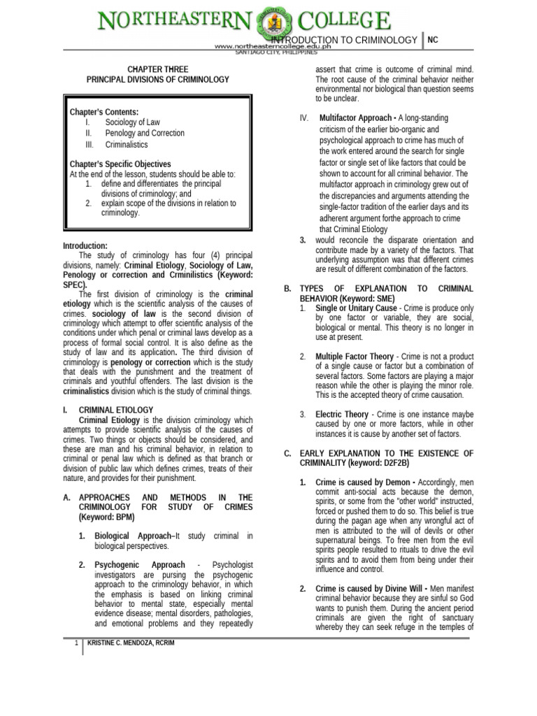 Chapter III - Part I Principal Divisions of Criminology | PDF | Crimes | Crime & Violence