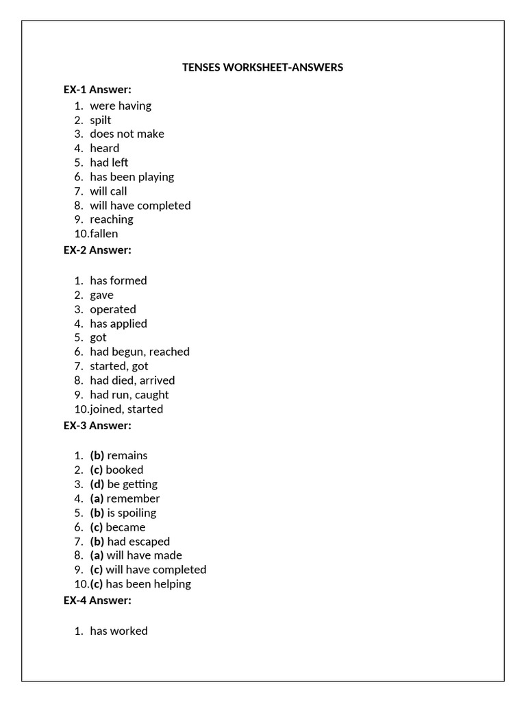 Tenses Worksheet Answers | PDF