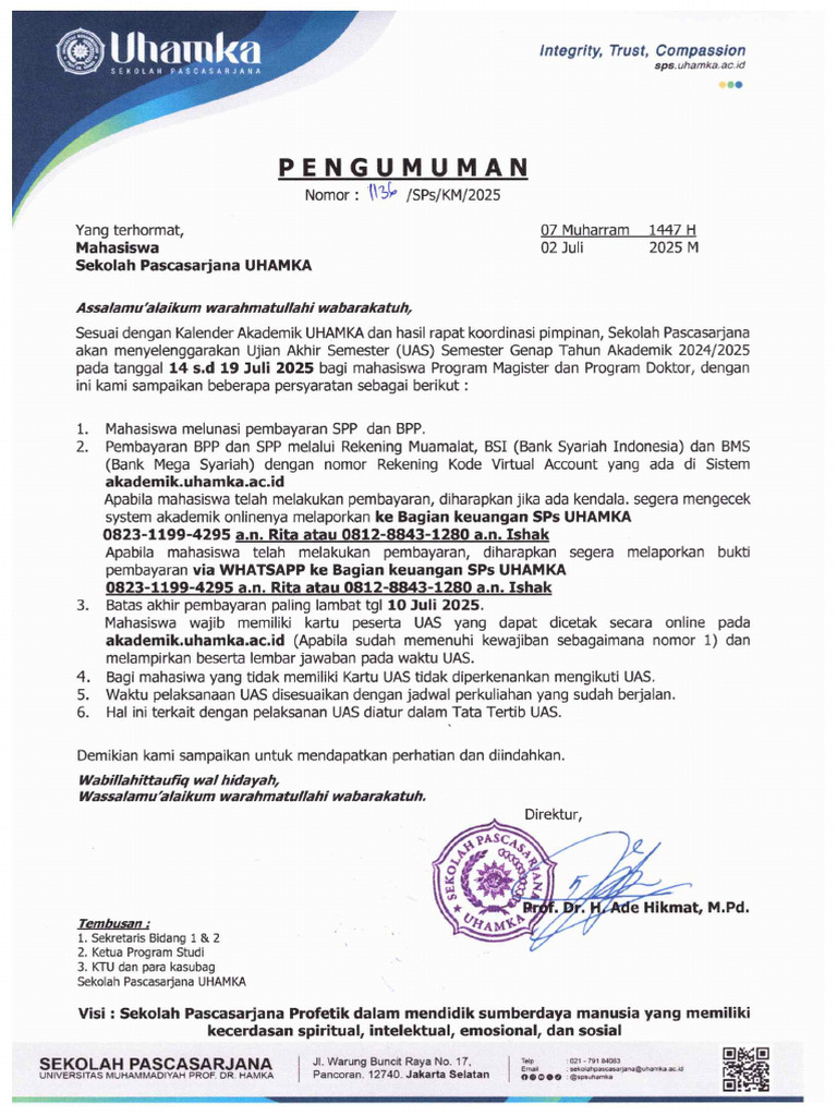 PENGUMUMAN UAS SMT GENAP 2024-2025 | PDF
