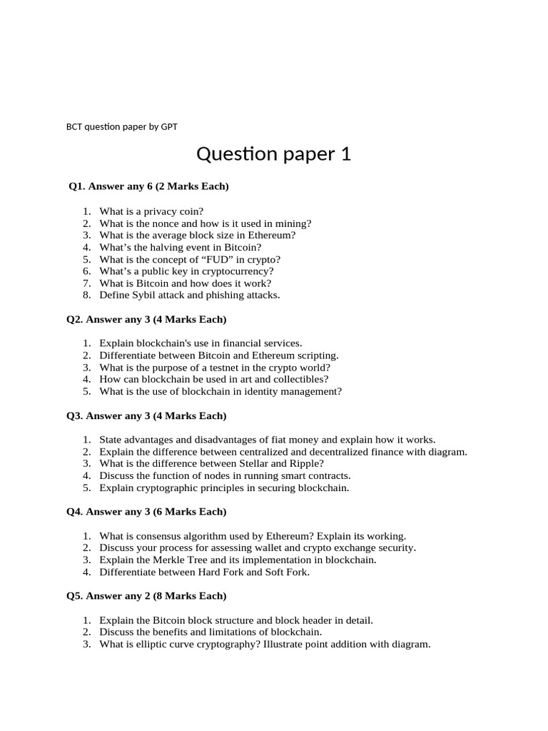 BCT Question Paper by GPT | PDF | Cryptocurrency | Bitcoin