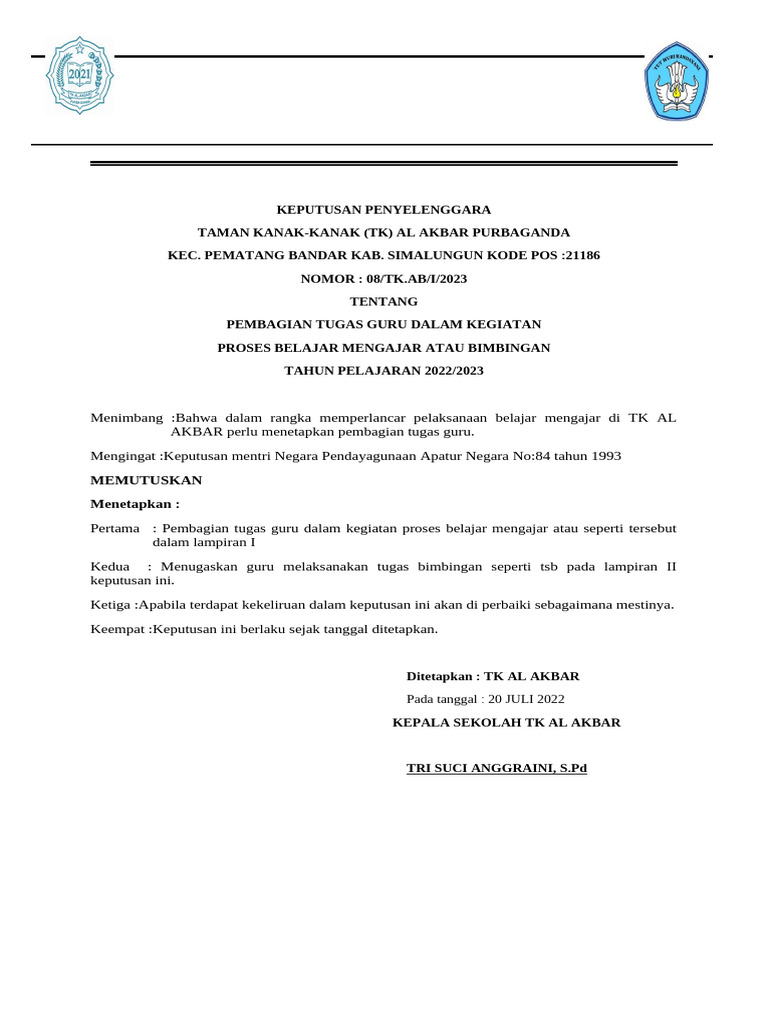 SK Pembagian Tugas Dan Roster | PDF