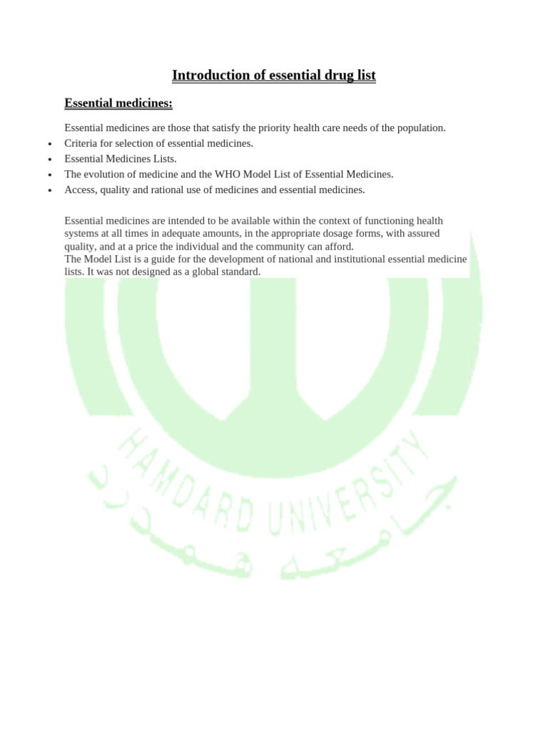 Introduction of Essential Drug List | PDF | Drugs | Medical Treatments