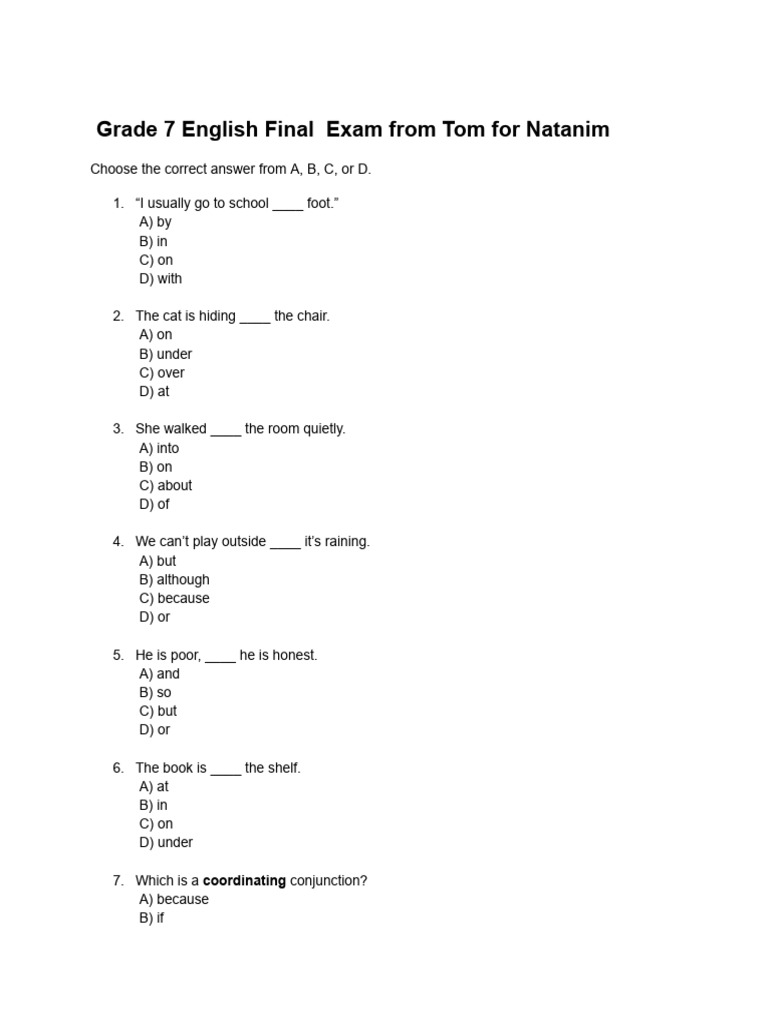 Grade 7 English Final Exam From Tom For Natanim An | PDF | Grammar ...