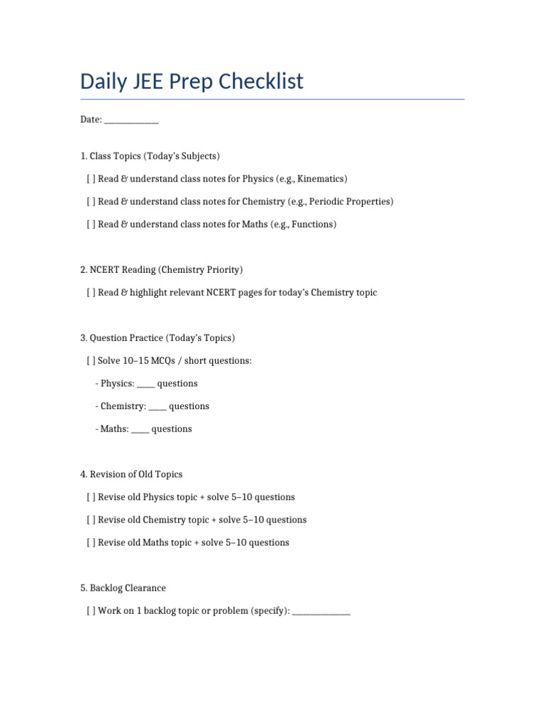 Daily JEE Prep Checklist | PDF