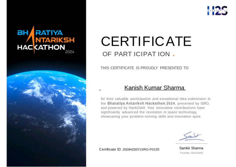 ISRO Bharatiya Antariksh Hackathon 2024 Certificate | PDF
