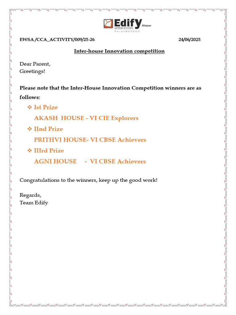 Ist Prize Akash House - Vi Cie Explorers Iind Prize Prithvi House-Vi ...