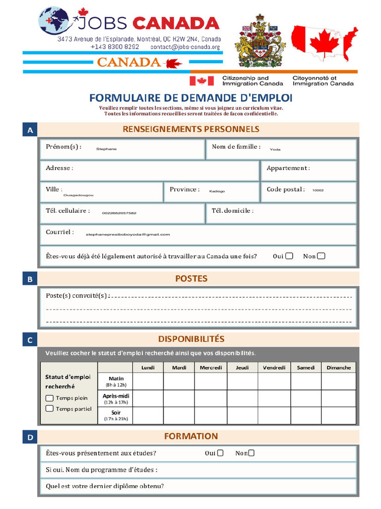 Formulaire de Demande Emploi JOBS CANADA | PDF