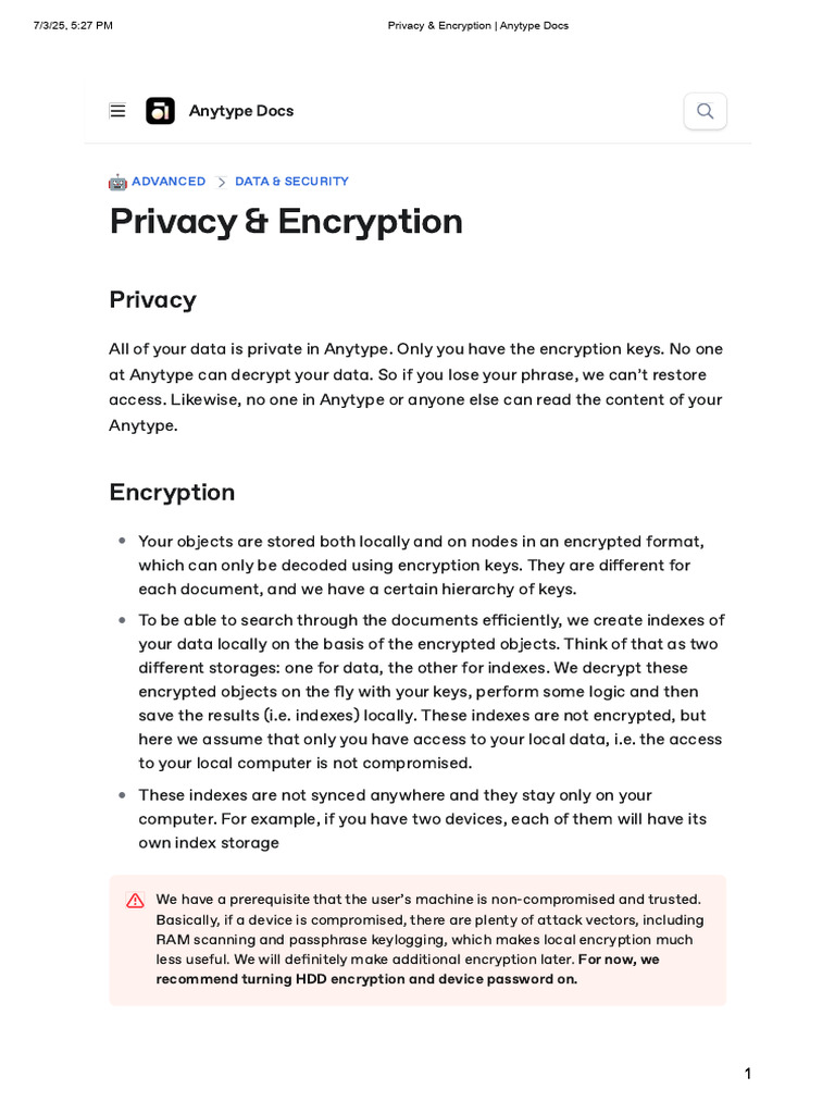 Privacy & Encryption - Anytype Docs | PDF | Encryption | Key (Cryptography)