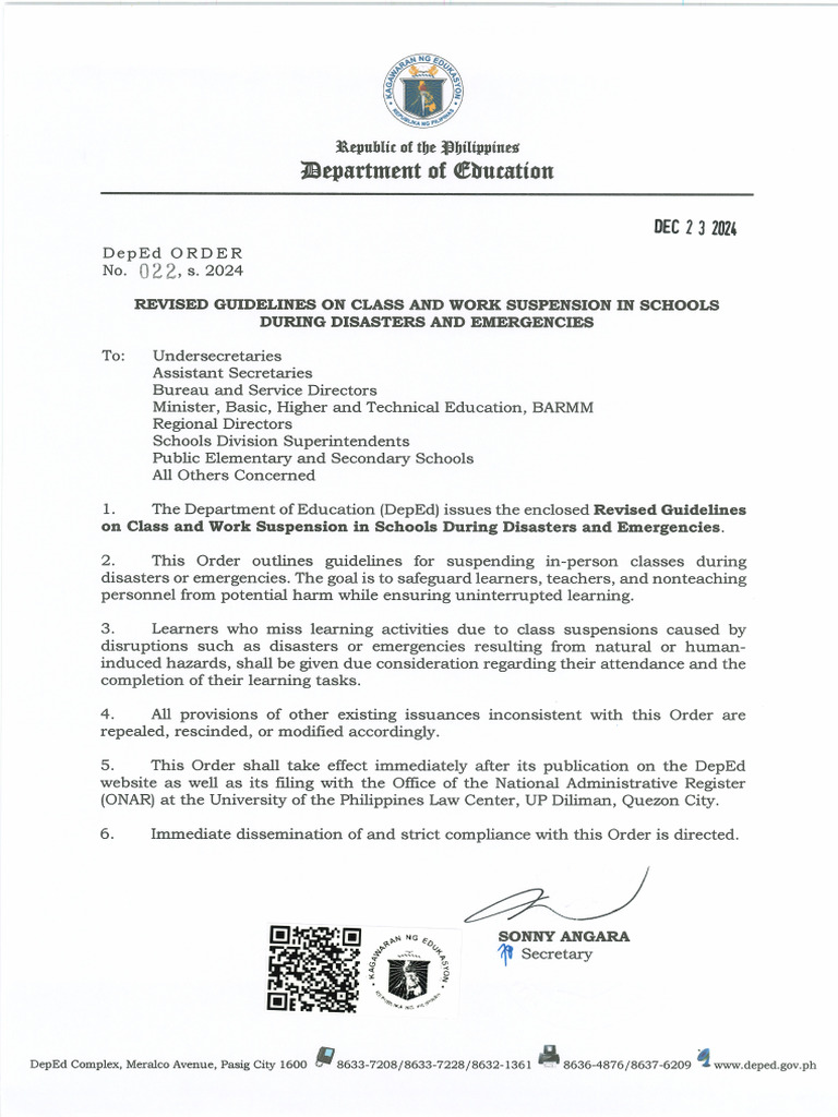 DO - s2024 - 022 DepEd Guidelines Class Suspensions | PDF