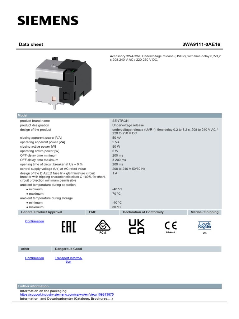 Siemens 3WA9111-0AE16 UVR Specifications | PDF | Alternating Current ...