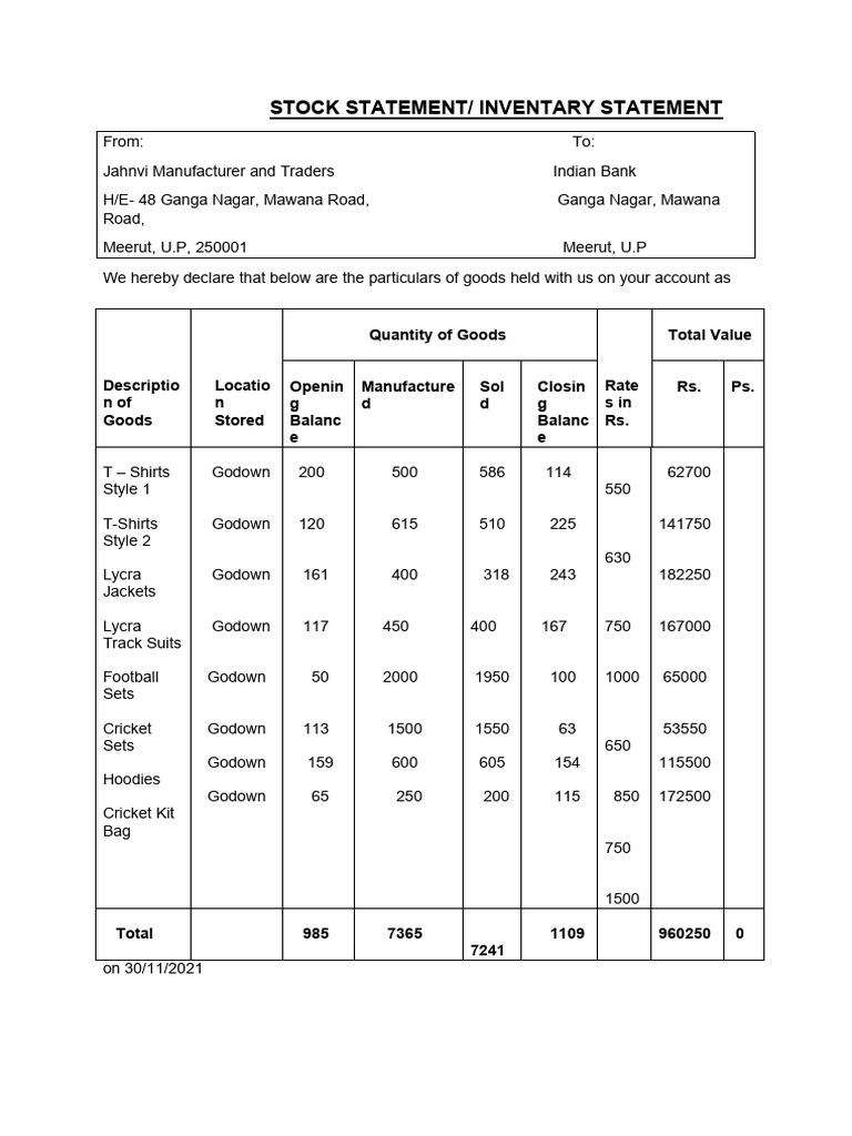 Stock Statement for Union Bank | PDF