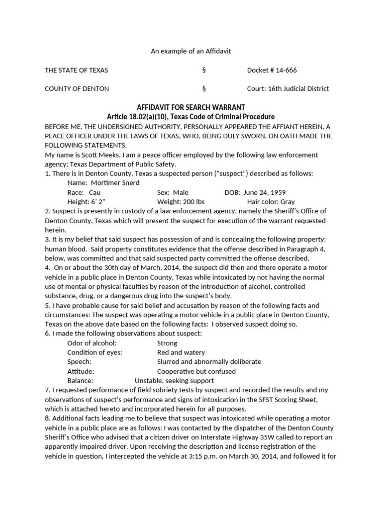 Texas Affidavit for Search Warrant Example | PDF | Affidavit | Arrest ...