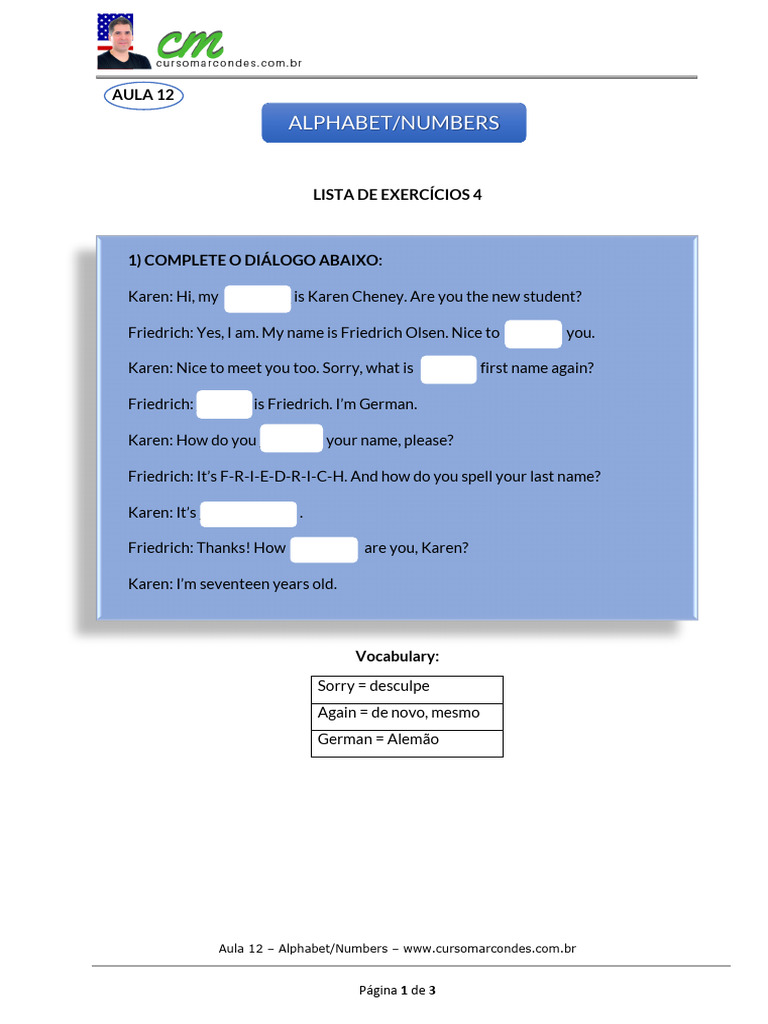 Aula 12 - Exercícios Alphabet and Numbers | PDF