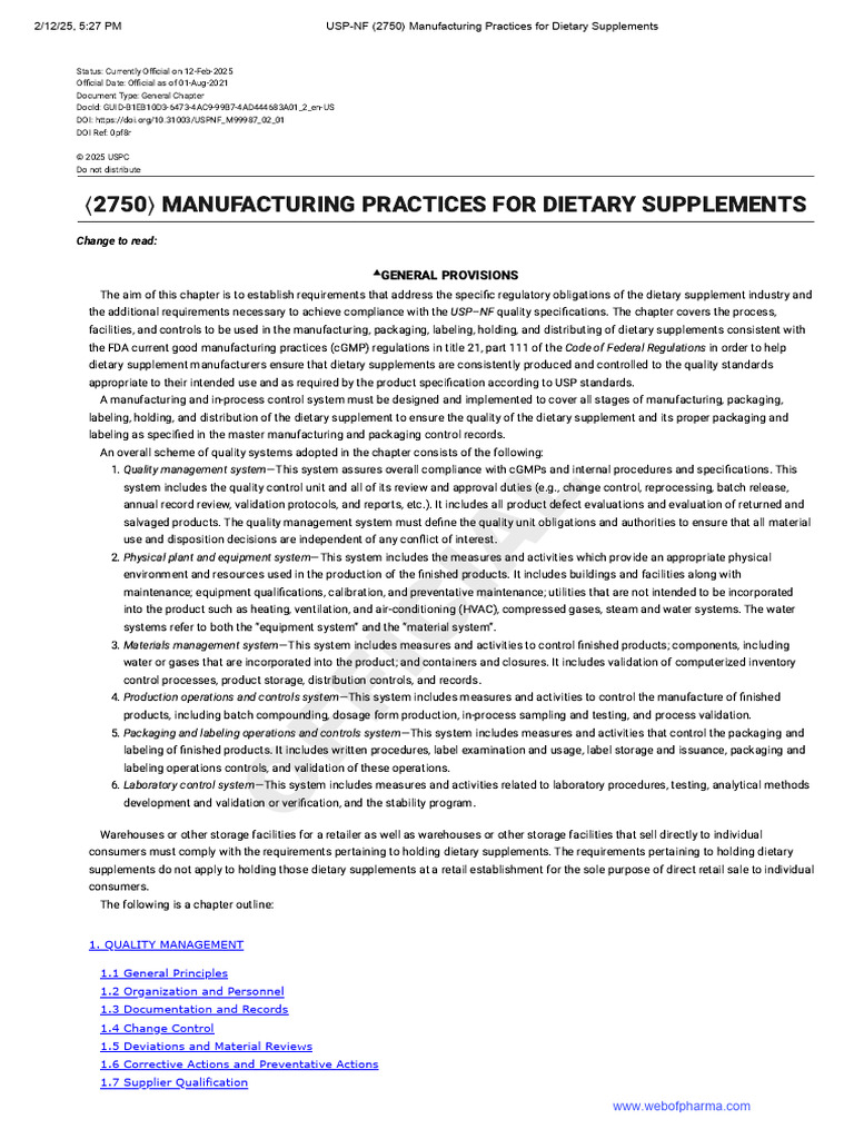 2750 Manufacturing Practices For Dietary Supplements | PDF ...