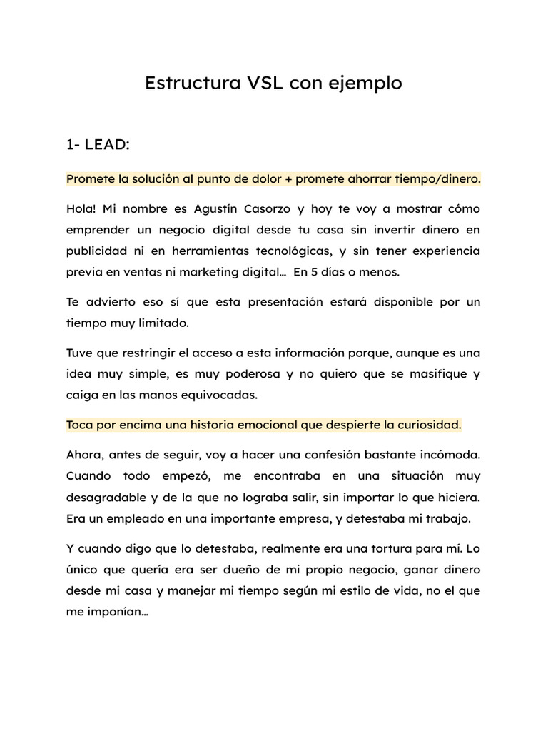 Estructura VSL Con Ejemplo | PDF | Marketing | Publicidad