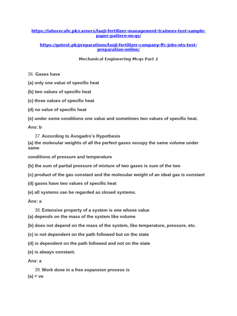 NTS Mechanical Engineering Mcqs | PDF | Heat | Entropy