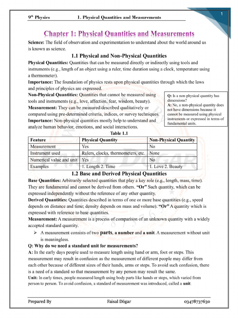 Chapter 1 Physical Quantities and Measurements Complete Notes | PDF