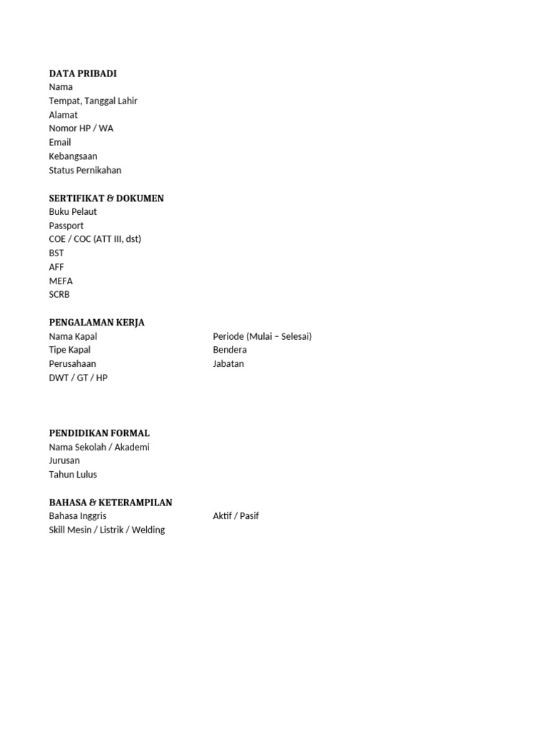 CV Pelaut Mesin Lengkap dan Terperinci | PDF
