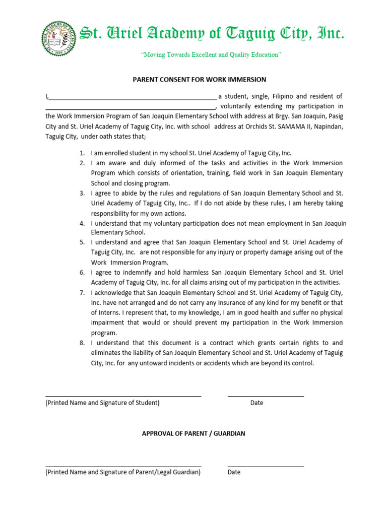 Work Immersion Parent Consent | PDF | Indemnity | Chess Theory