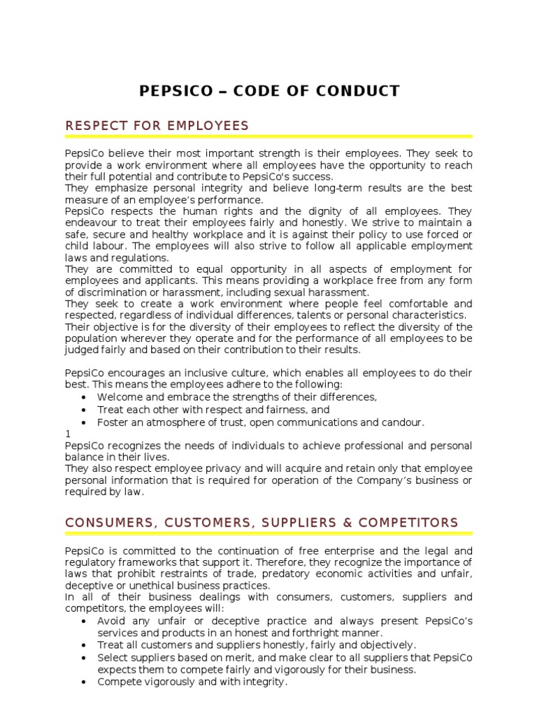 Pepsico - Code of Conduct | PDF | Insider Trading | Conflict Of Interest