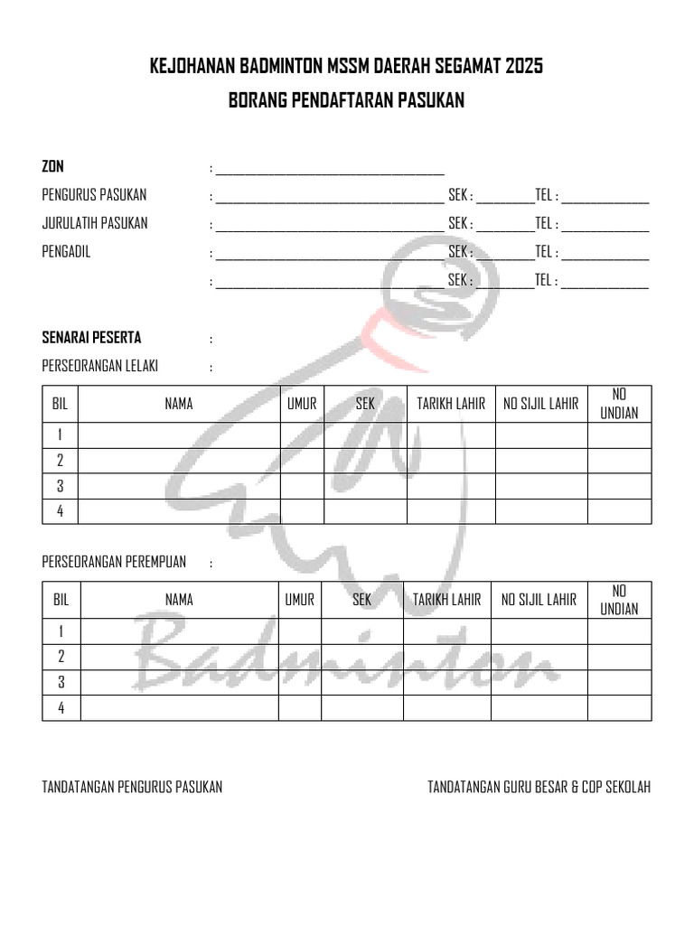 Borang Penyertaan Badminton MSSD Segamat 2025 | PDF