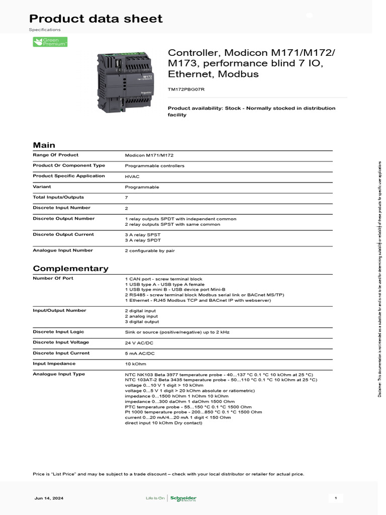 Schneider Electric Modicon M171 M172 Logic Controller TM172PBG07R | PDF | Programmable Logic ...