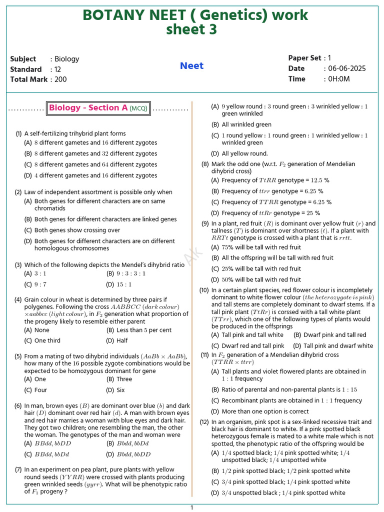 Principles of Inheritance Work Sheet 3 | PDF | Dominance (Genetics ...