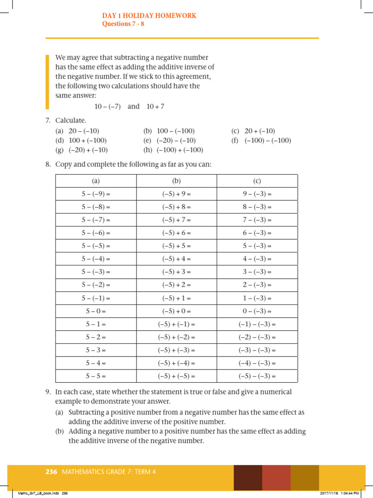 Grade 7 Holiday Work - Integers | PDF | Subtraction | Integer