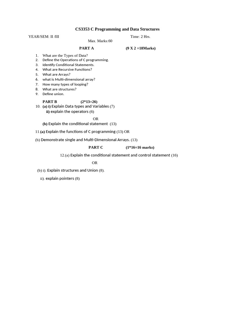 CS3353 C Programming and Data Structures QB | PDF