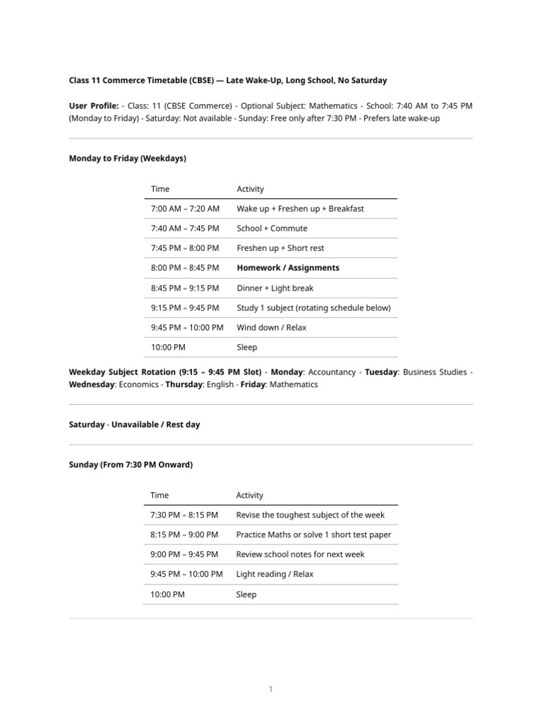 Class11 Commerce Timetable | PDF