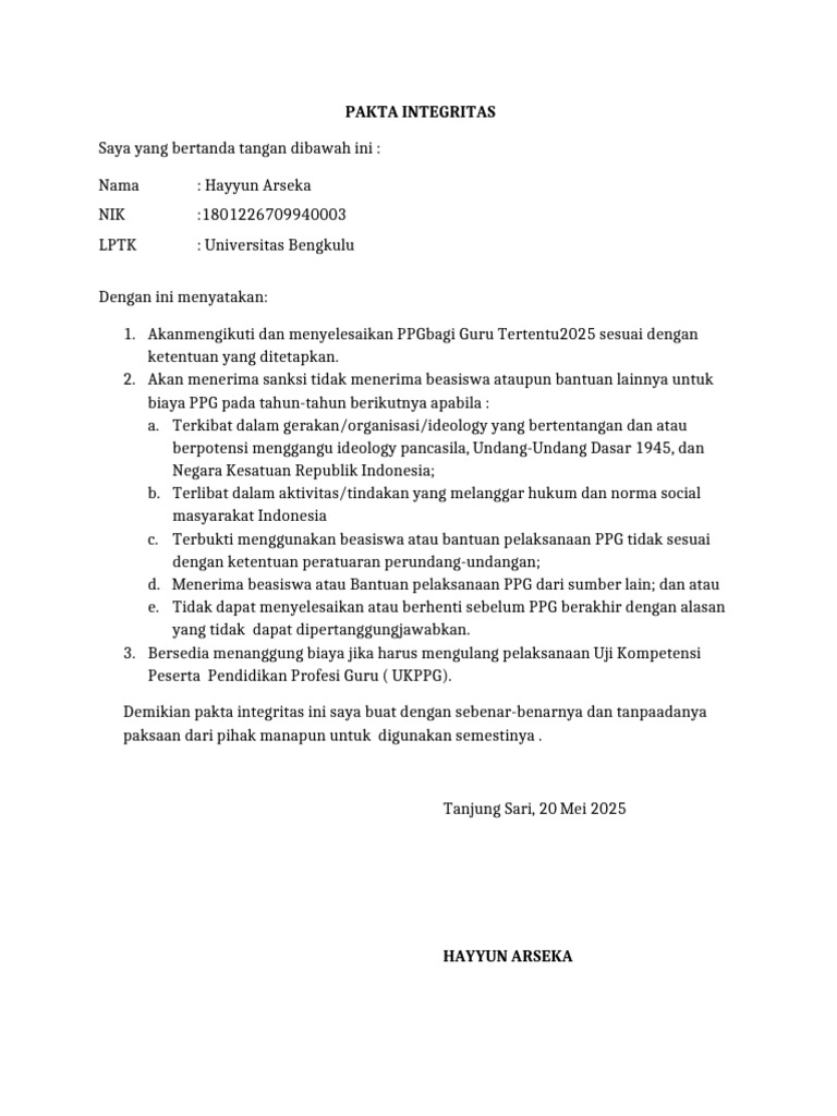 Pakta Integritas PPG 2025 Hayyun Arseka | PDF