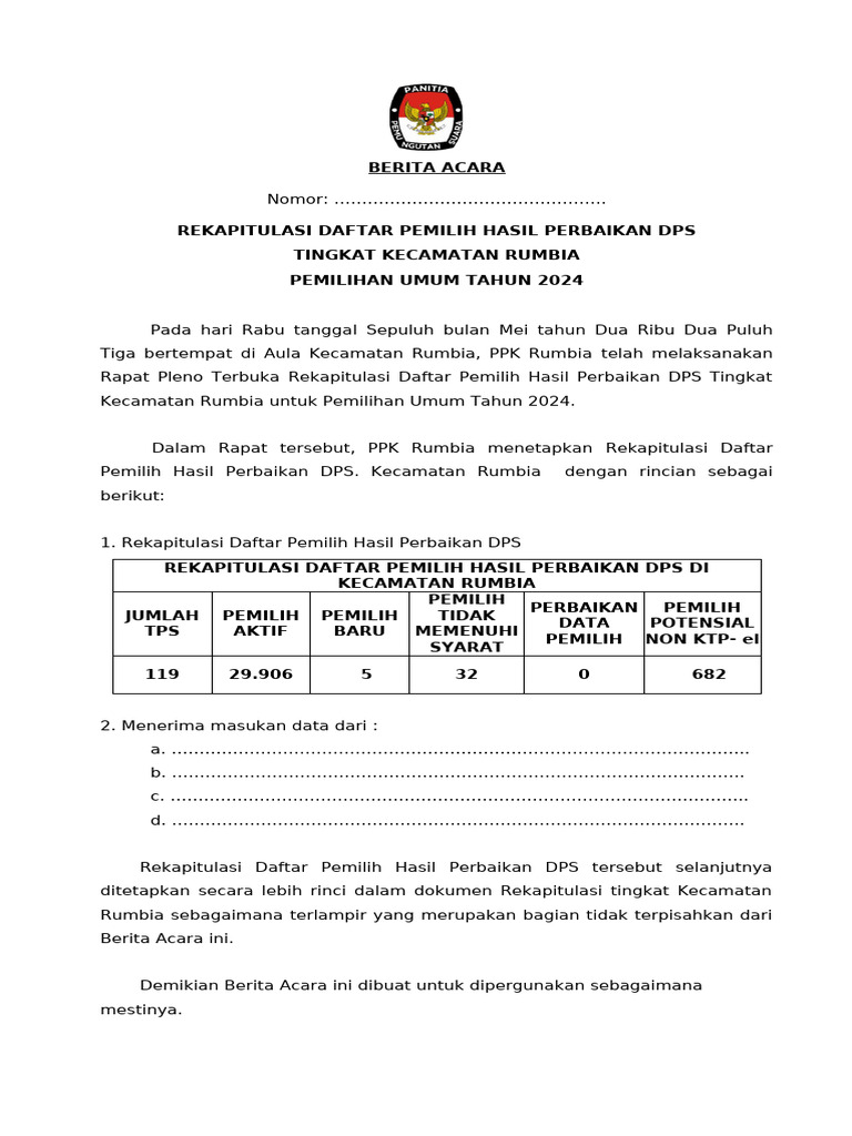 Berita Acara Pleno DPSHP Pemilu Tahun 2024 | PDF