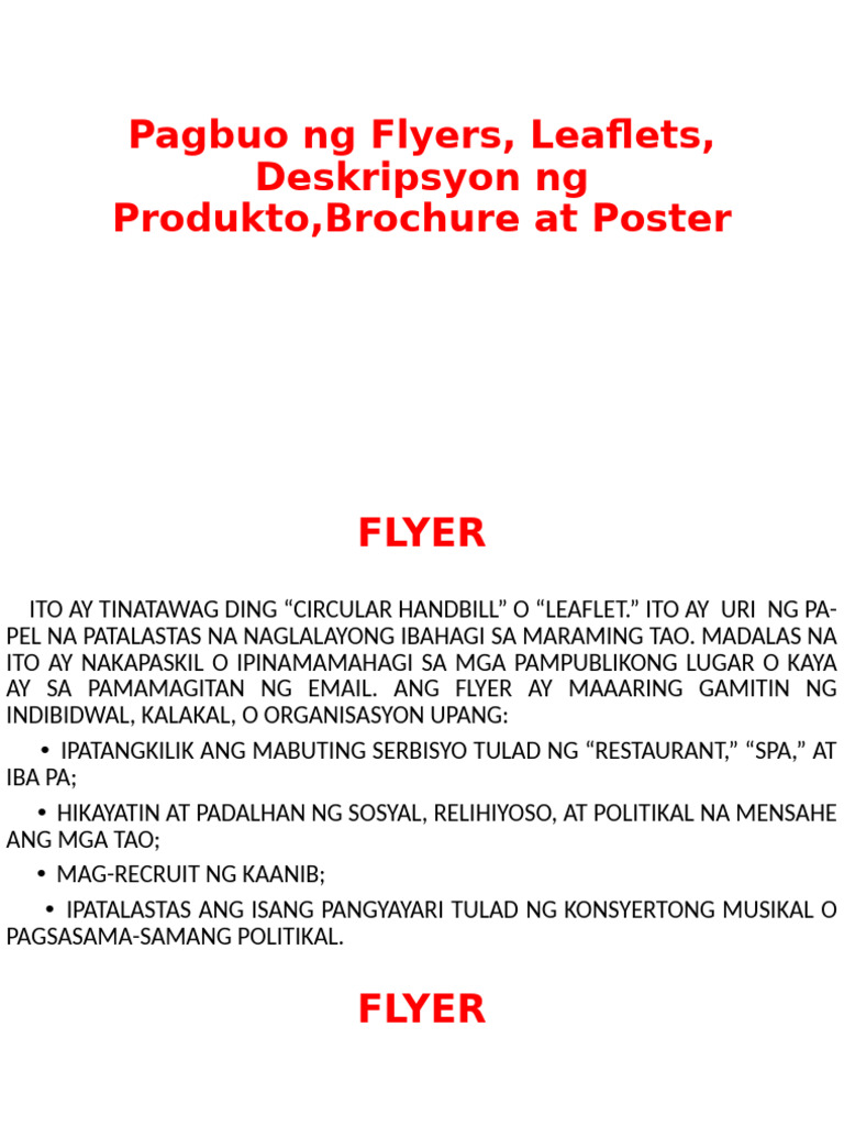 Pagbuo NG Flyers Leaflets Deskripsyon NG Produkto Brochure at Poster | PDF