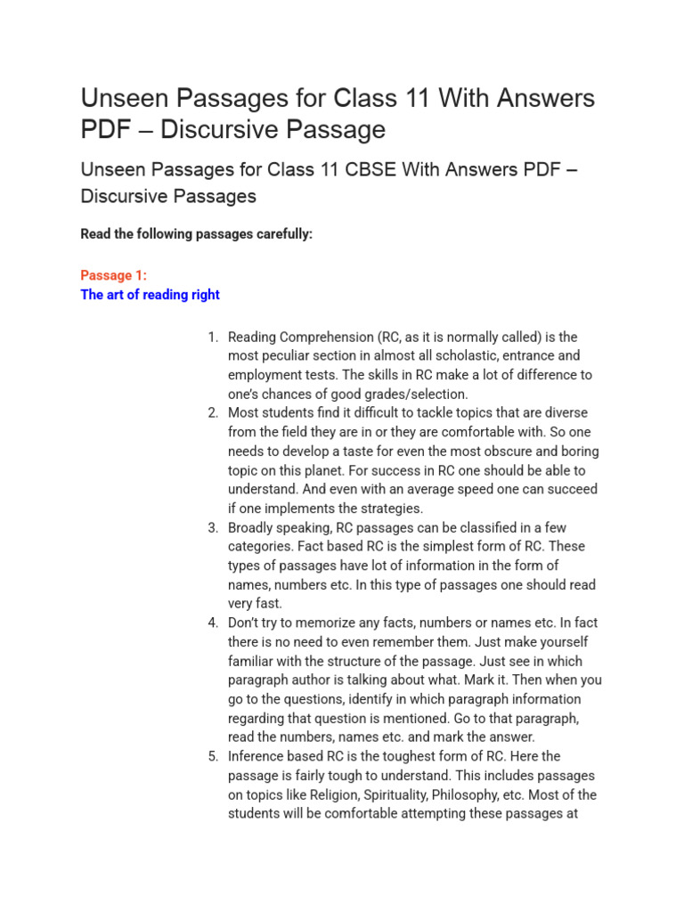 Unseen Passages for Class 11 with Answers | PDF | Flood | Quiz