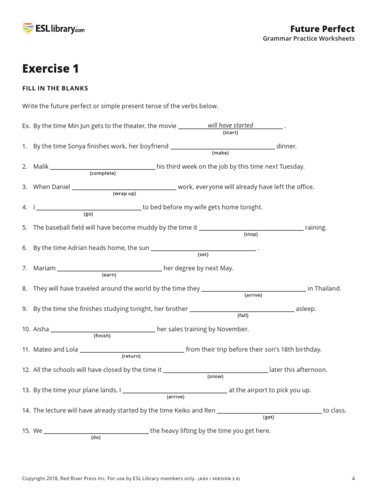 Future Perfect – Grammar Practice Worksheets – ESL Library | PDF ...