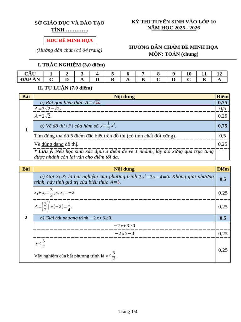 HDC de Minh Hoa Mon Toan TS 10 | PDF