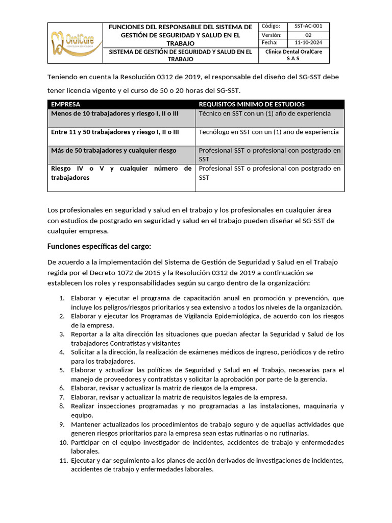 Doc-Sst-004 Funciones de SGSST | PDF | Seguridad y salud ocupacional | Valores