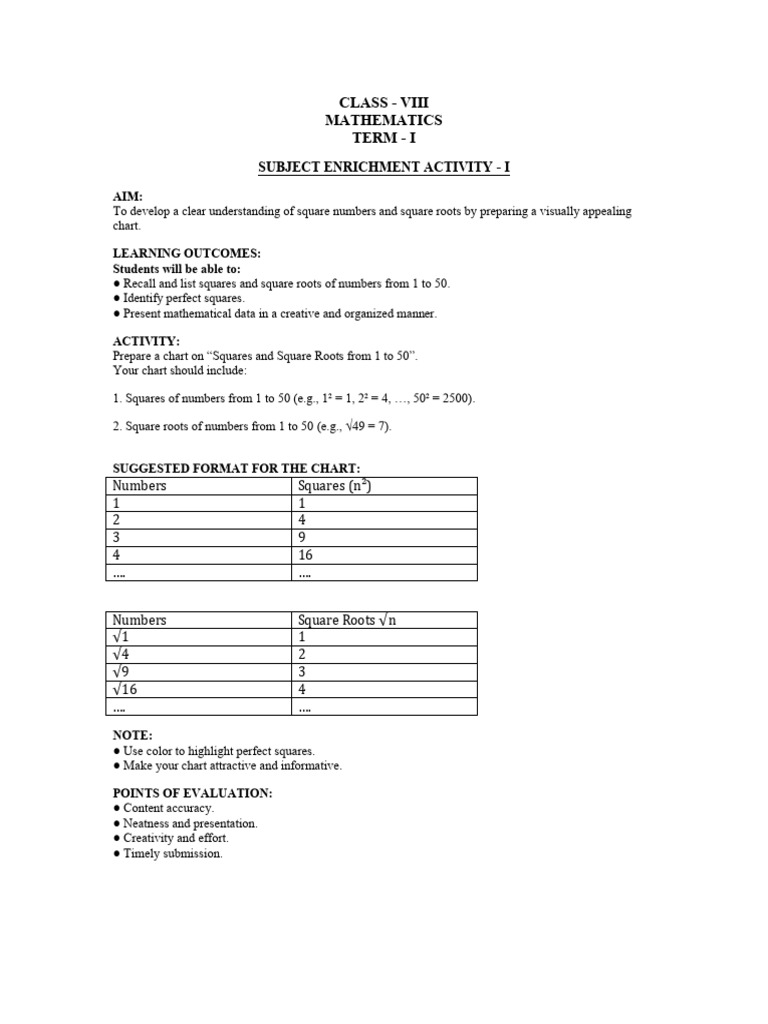 Class 8 Holiday Homework Squares SquareRoots 8371 | PDF