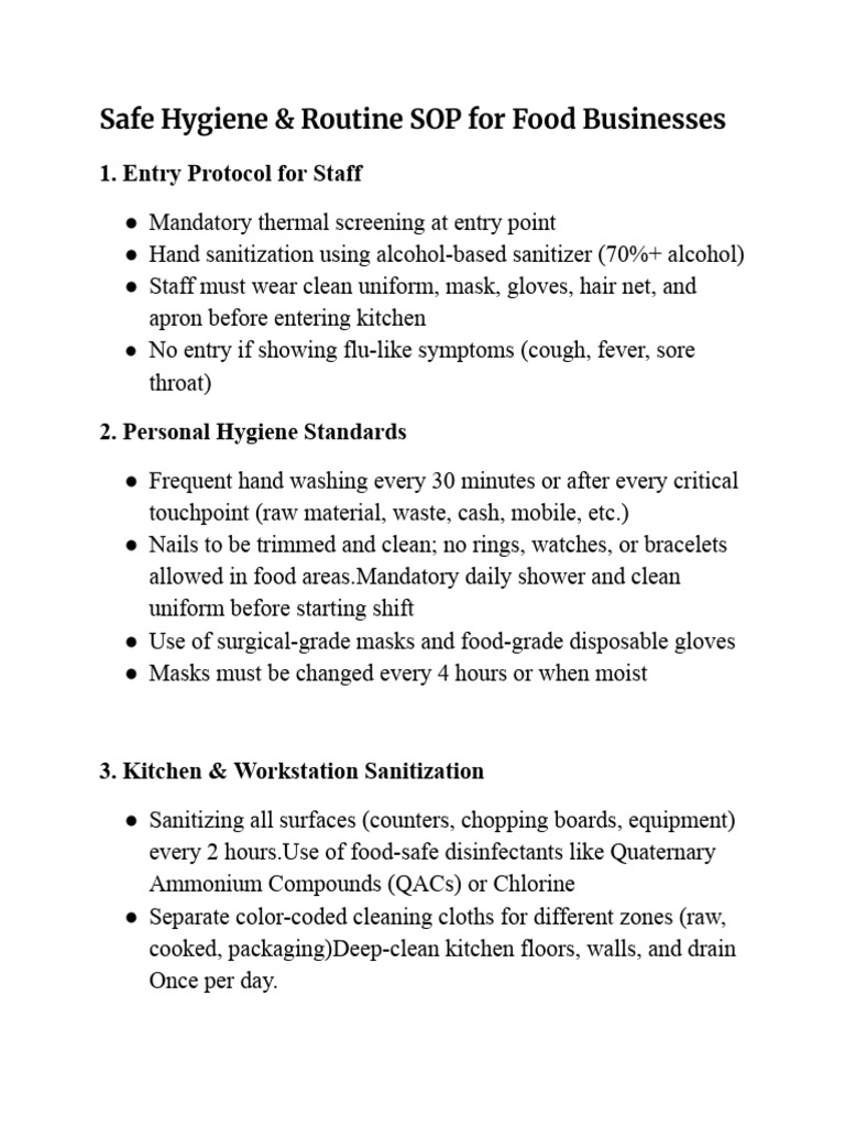 Food Business Hygiene SOP Guide | PDF | Hygiene | Disinfectant