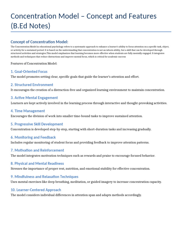 Concentration Model Concept and Features BEd Notes | PDF