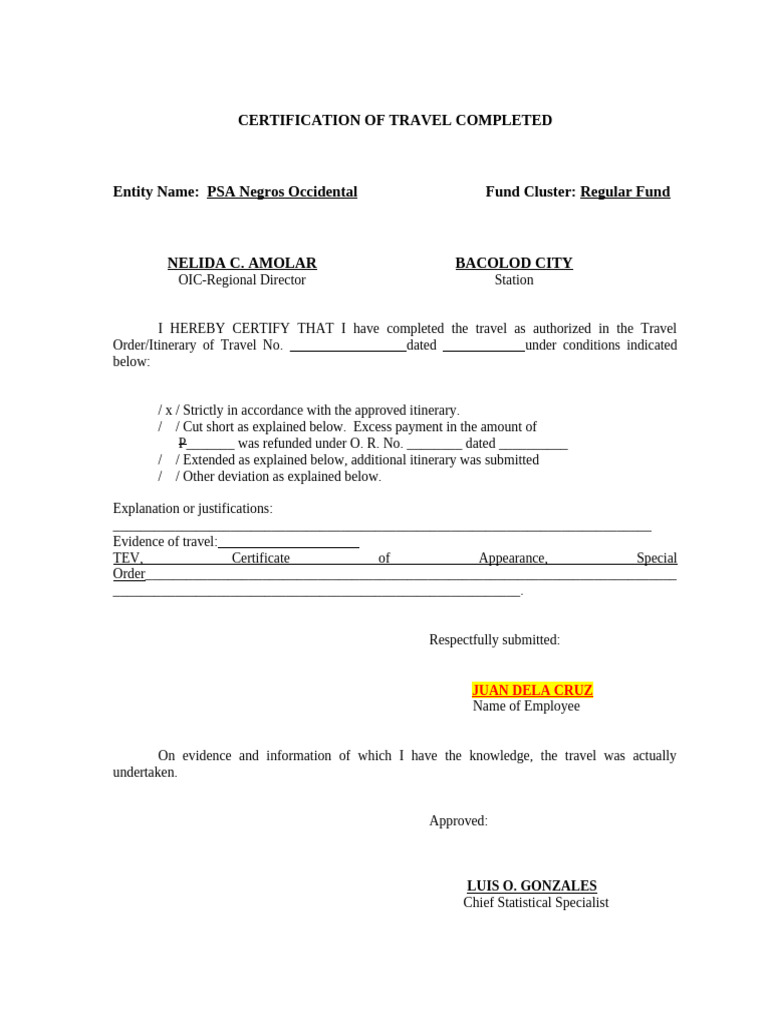 Certificate of Travel Completed | PDF