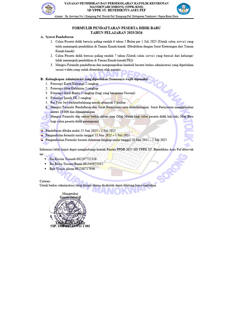 Formulir PPDB SD Ases Fef 2025 | PDF