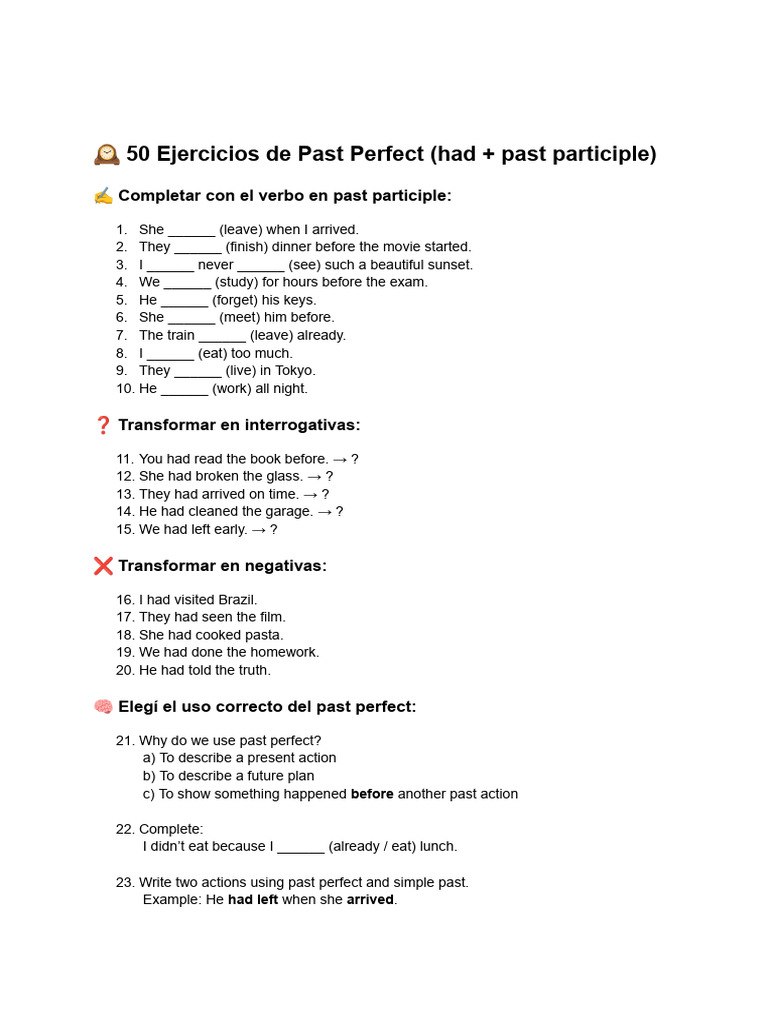? 50 Ejercicios de Past Perfect (Had - Past Participle) | PDF | Grammar ...