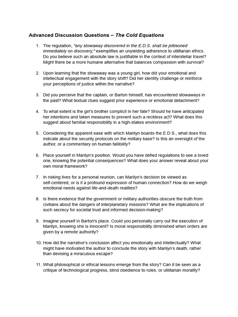 Advanced Discussion Questions - The Cold Equations | PDF | Narrative ...